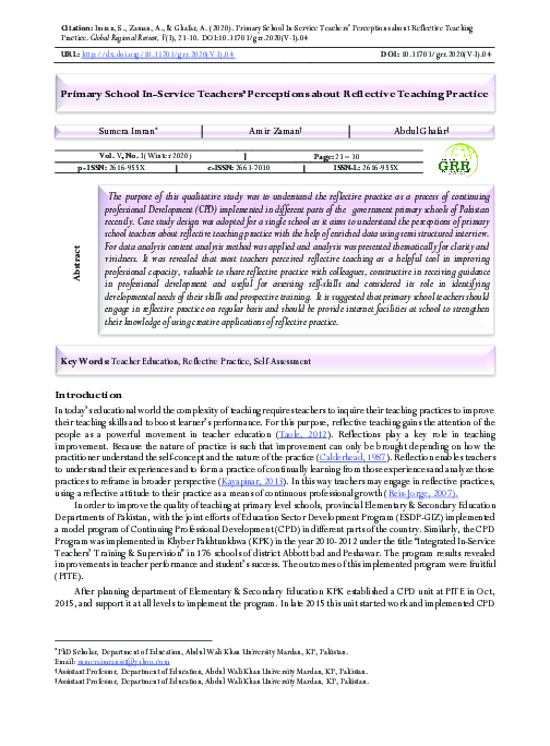 (PDF) Primary School In-Service Teachers Perceptions about Reflective Teaching Practice