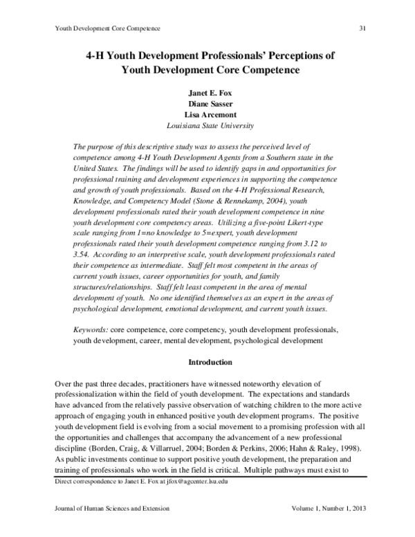 (PDF) 4-H Youth Development Professionals’ Perceptions of Youth Development Core Competence