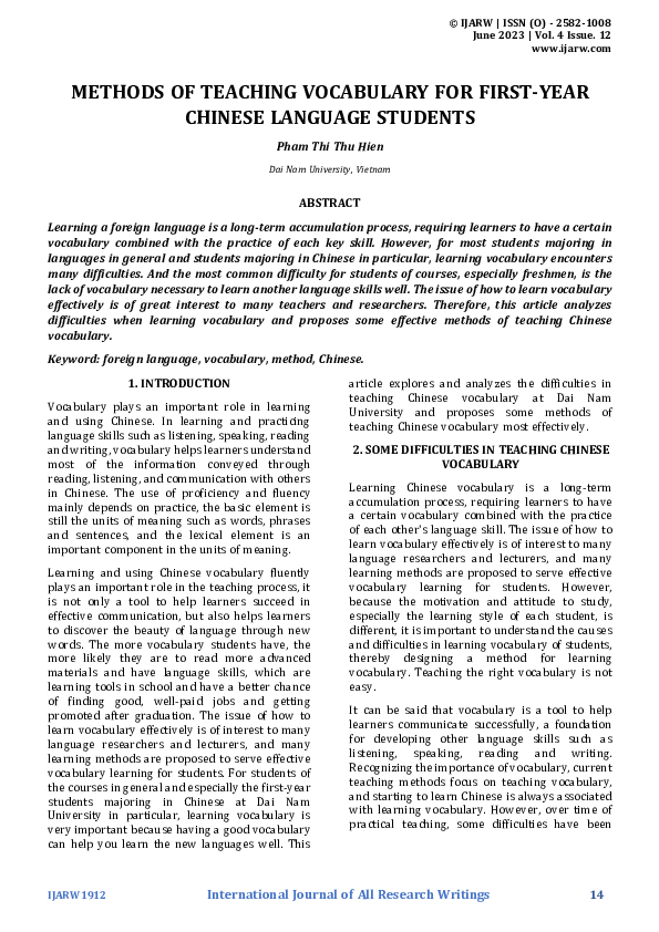 (PDF) METHODS OF TEACHING VOCABULARY FOR FIRST-YEAR CHINESE LANGUAGE ...