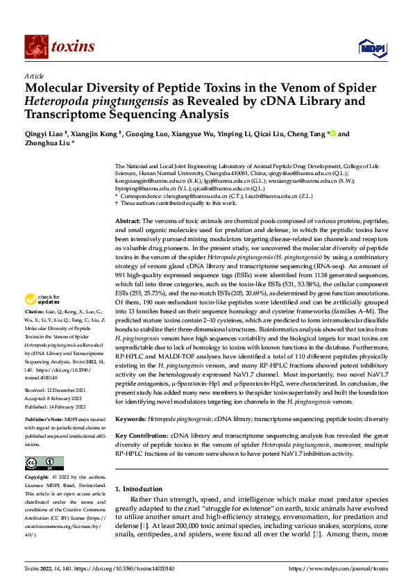 (PDF) Molecular Diversity of Peptide Toxins in the Venom of Spider Heteropoda pingtungensis as ...