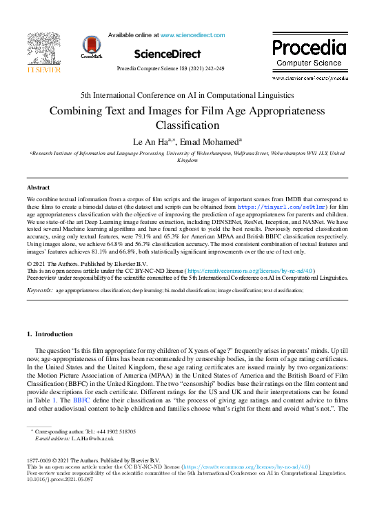 (PDF) Combining Text and Images for Film Age Appropriateness Classification