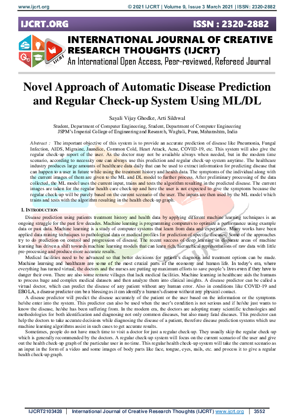 (PDF) Novel Approach of Automatic Disease Prediction and Regular Check-up System Using ML/DL ...