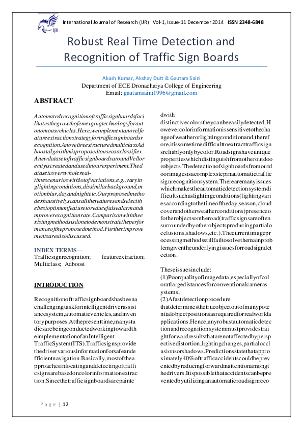 (PDF) Robust Real Time Detection and Recognition ofTraffic Sign Boards | Gautam Saini - Academia.edu