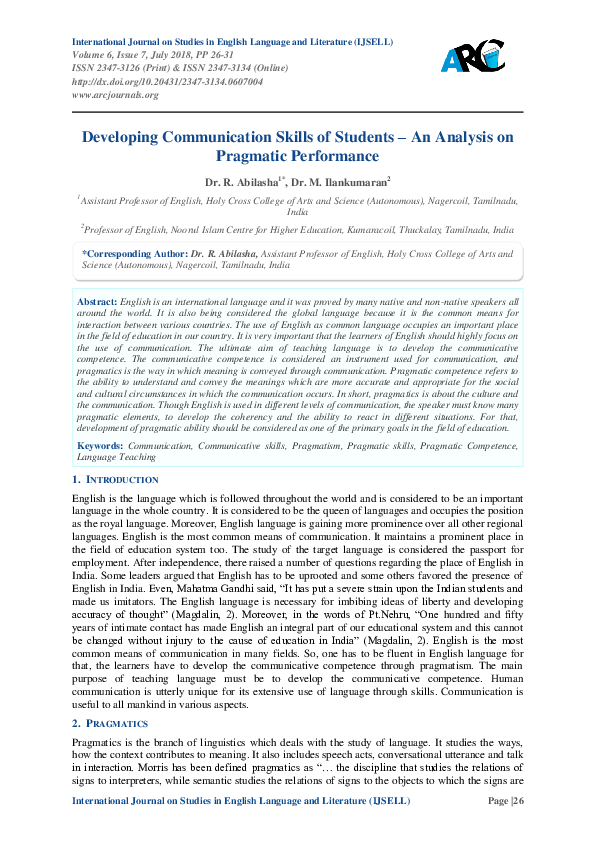 (PDF) Developing Communication Skills of Students – An Analysis on Pragmatic Performance