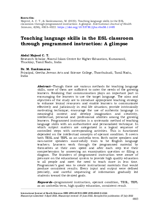 (PDF) Teaching language skills in the ESL classroom through programmed instruction