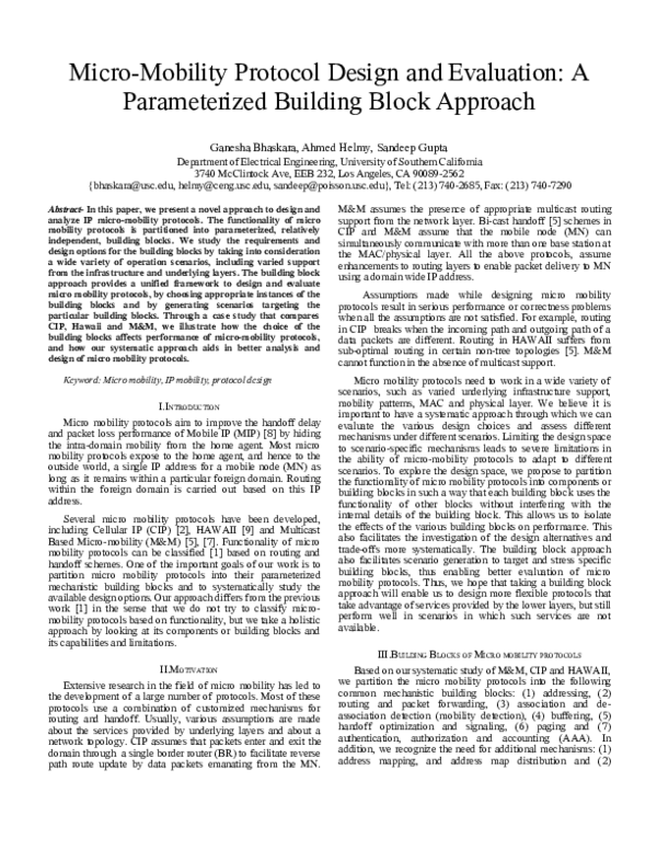 Pdf Micro Mobility Protocol Design And Evaluation A Parameterized Building Block Approach