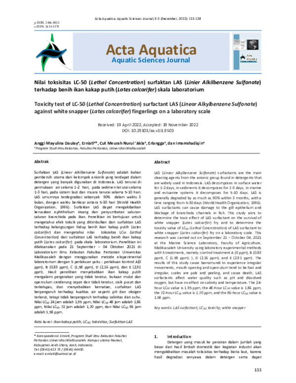(PDF) Toxicity test of LC-50 (Lethal Concentration) surfactant LAS ...