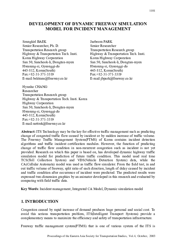(PDF) Development of Dynamic Freeway Simulation Model for Incident Management | Seungkirl Baek ...