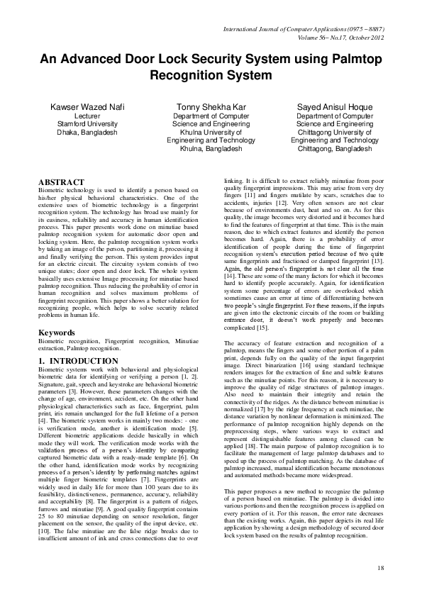 (PDF) An Advanced Door Lock Security System using Palmtop Recognition ...