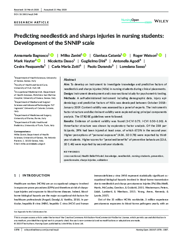 (PDF) Predicting needlestick and sharps injuries in nursing students: Development of the SNNIP ...