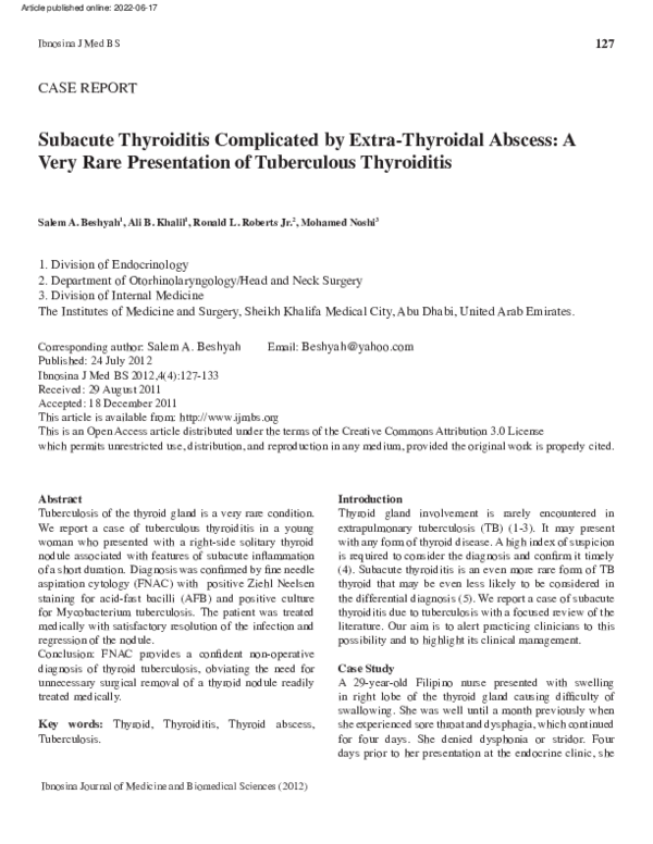 (PDF) Subacute thyroiditis complicated by extra-thyroidal abscess: A very rare presentation of ...