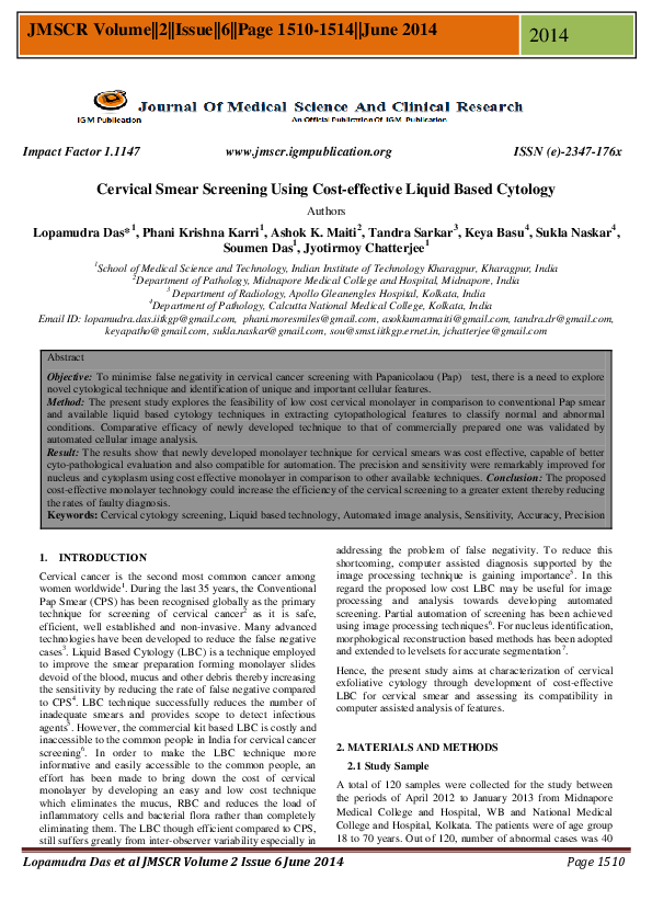 (PDF) Cervical Smear Screening Using Cost-effective Liquid Based Cytology
