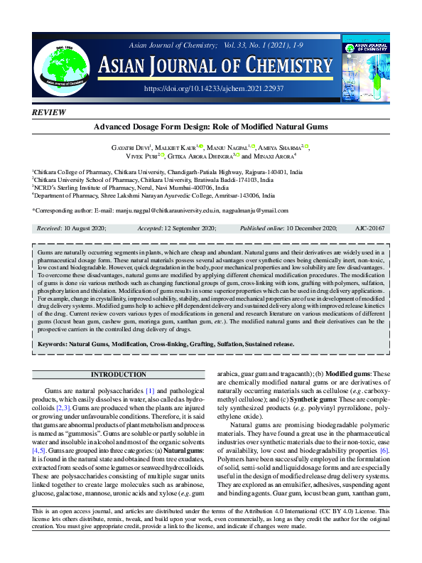 Pdf Advanced Dosage Form Design Role Of Modified Natural Gums