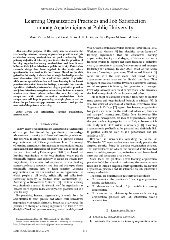 (PDF) Learning Organization Practices and Job Satisfaction among ...