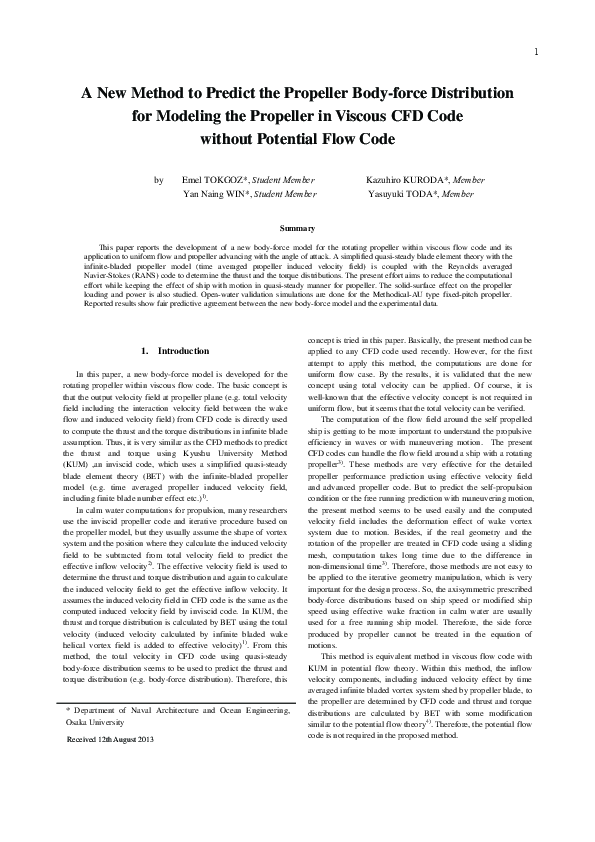 (PDF) A New Method to Predict the Propeller Body-force Distribution for Modeling the Propeller ...