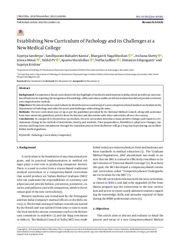 (PDF) Establishing New Curriculum of Pathology and its Challenges at a ...