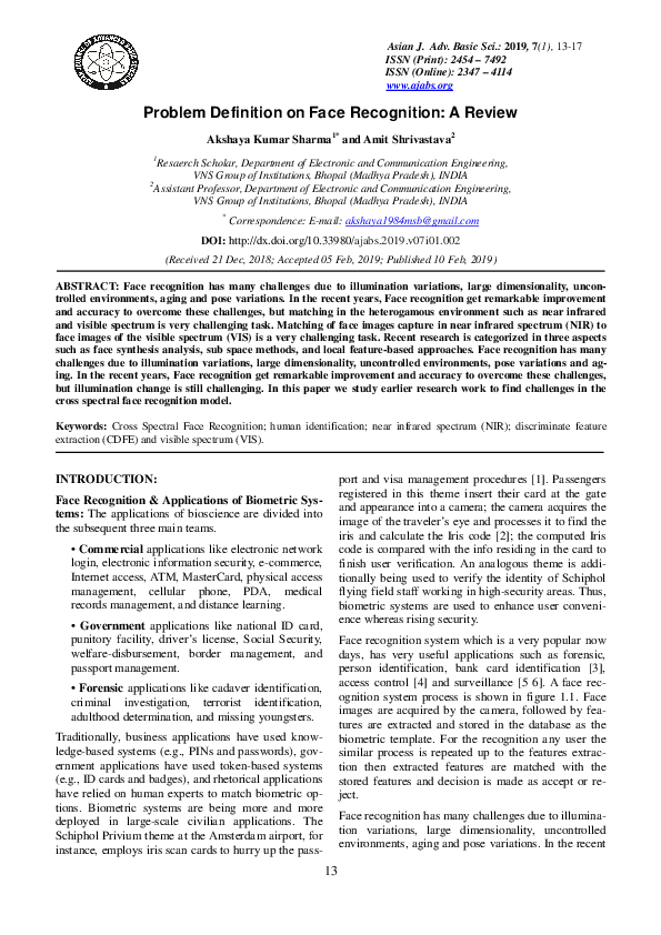 (PDF) Problem Definition on Face Recognition: A Review