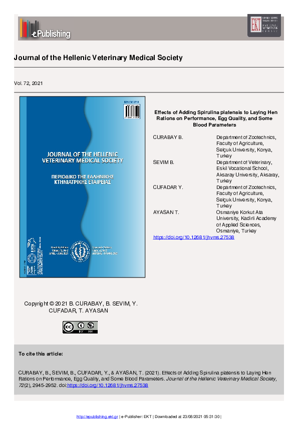 (PDF) Effects of Adding Spirulina platensis to Laying Hen Rations on Performance, Egg Quality ...