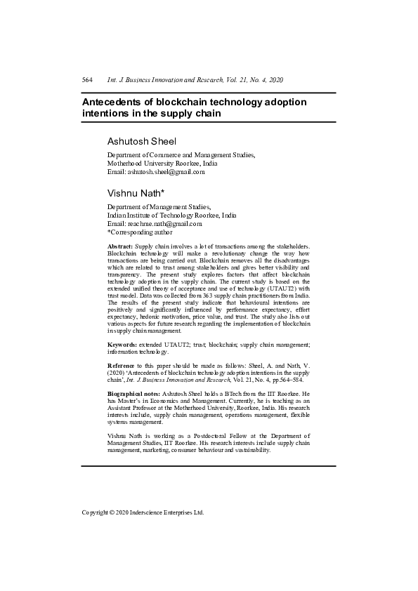 (PDF) Antecedents of Blockchain Technology Adoption Intentions in the Supply Chain