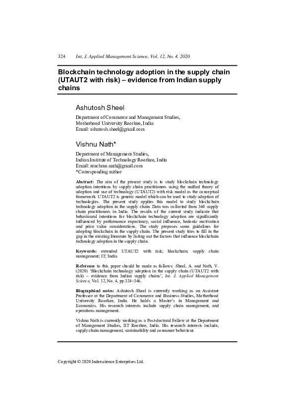 (PDF) Blockchain technology adoption in the supply chain (UTAUT2 with risk) – evidence from ...