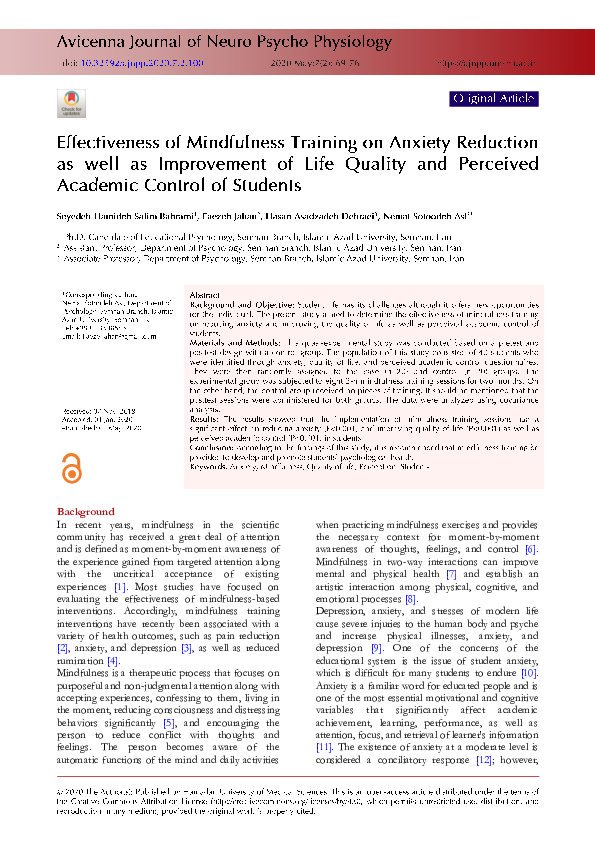 (PDF) Effectiveness of Mindfulness Training on Anxiety Reduction as well as Improvement of Life ...