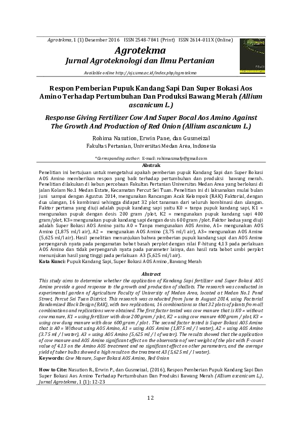 (PDF) Respon Pemberian Pupuk Kandang Sapi Dan Super Bokasi Aos Amino Terhadap Pertumbuhan Dan ...