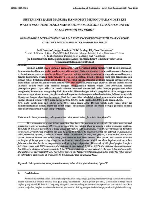 Pdf Sistem Interaksi Manusia Dan Robot Menggunakan Deteksi Wajah Real Time Dengan Metode Haar 