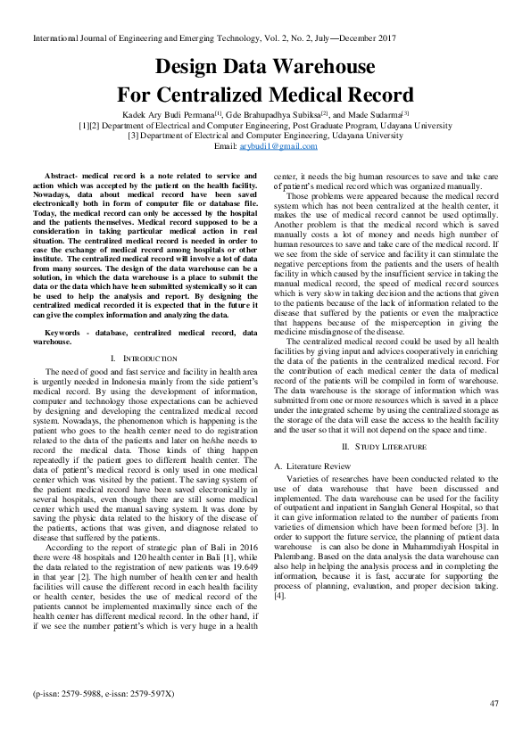(PDF) Design Data Warehouse For Centralized Medical Record