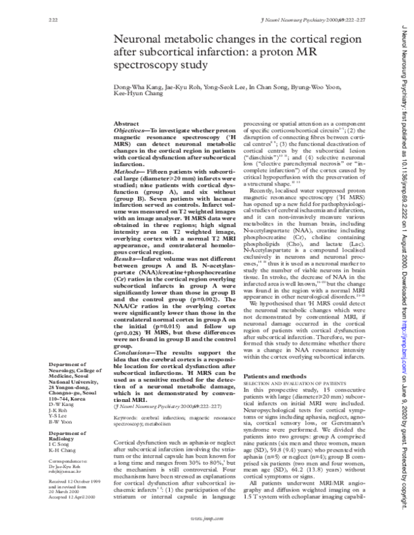 (PDF) Neuronal metabolic changes in the cortical region after subcortical infarction: a proton ...