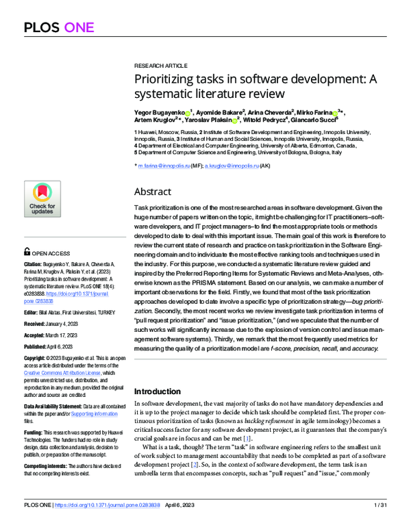 (PDF) Prioritizing tasks in software development: A systematic literature review