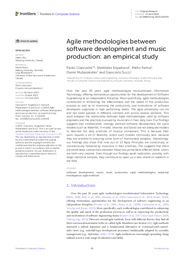 (PDF) Agile methodologies between software development and music production: an empirical study