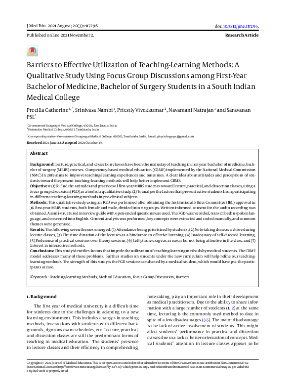(PDF) Barriers to Effective Utilization of Teaching-Learning Methods: A Qualitative Study Using ...