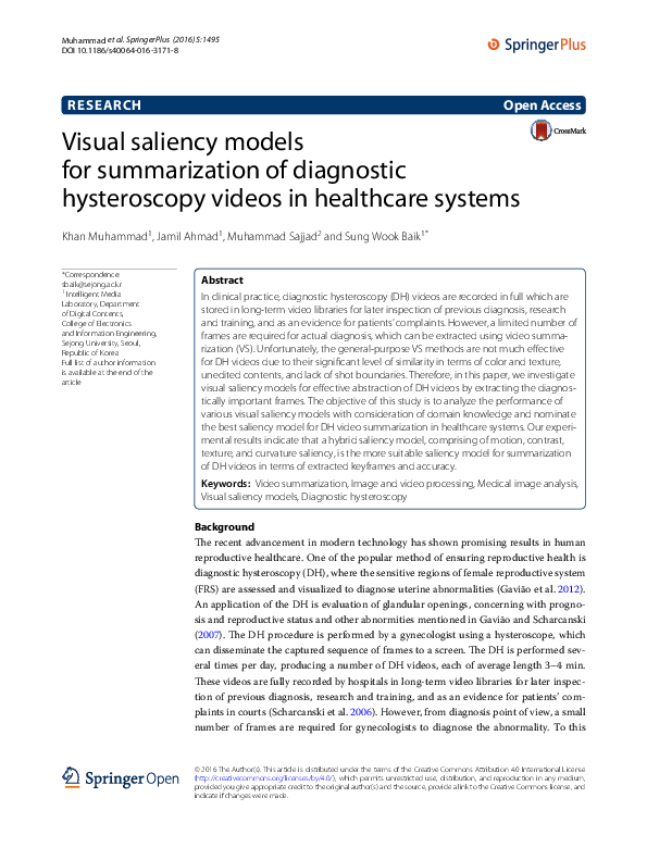 (PDF) Visual saliency models for summarization of diagnostic hysteroscopy videos in healthcare ...