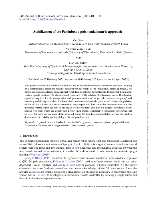 (PDF) Stabilization of the Pendubot: a polynomial matrix approach