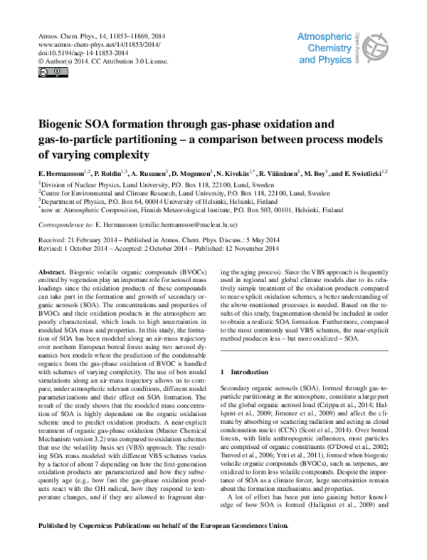(PDF) Biogenic SOA formation through gas-phase oxidation and gas-to-particle partitioning ...