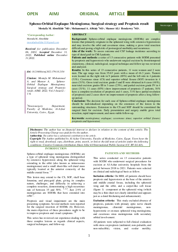 (PDF) Spheno-Orbital Enplaque Meningioma; Surgical strategy and ...