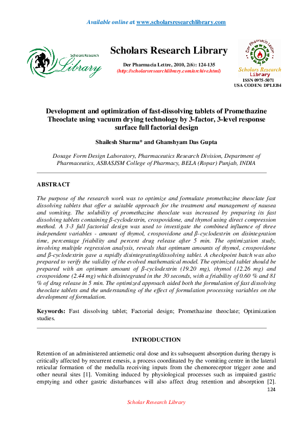 Pdf Optimization Of Promethazine Theoclate Fast Dissolving Tablet Using Pore Forming