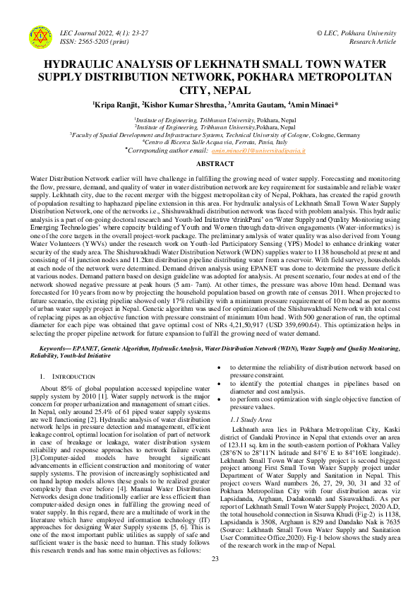 (PDF) Hydraulic Analysis of Lekhnath Small Town Water Supply Distribution Network, Pokhara ...