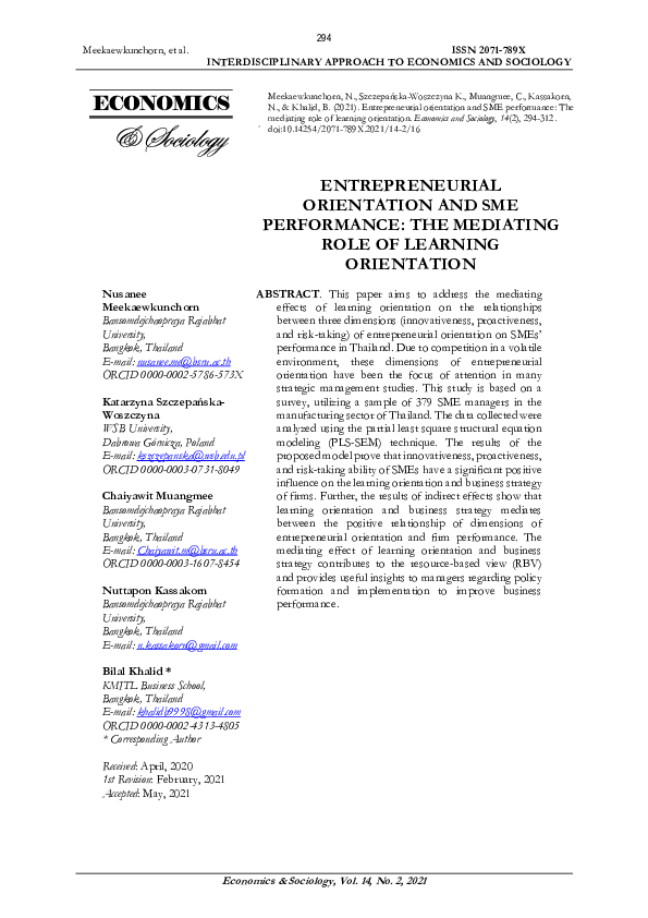 (PDF) Entrepreneurial orientation and SME performance: The mediating role of learning orientation