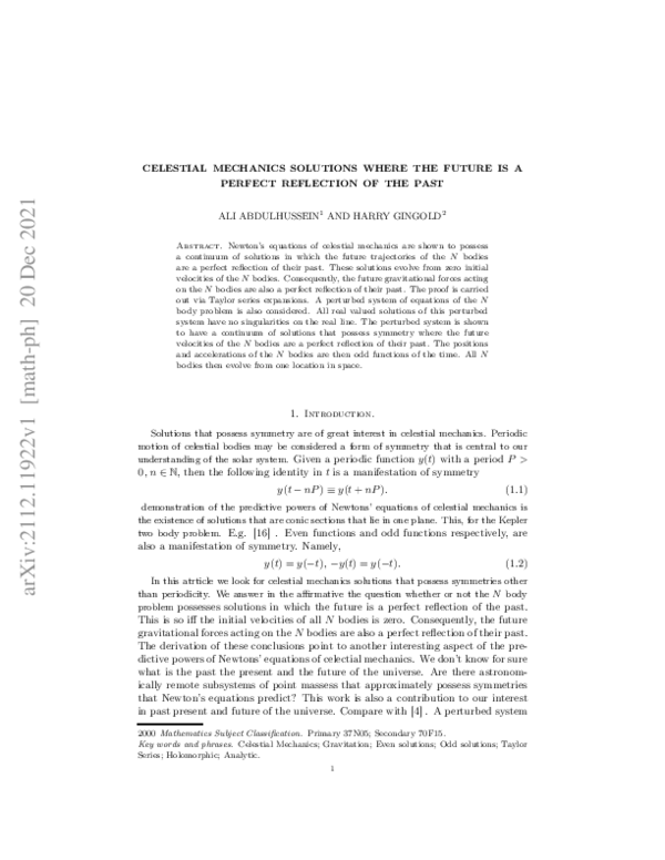 (PDF) Celestial Mechanics Solutions where the Future is a Perfect ...