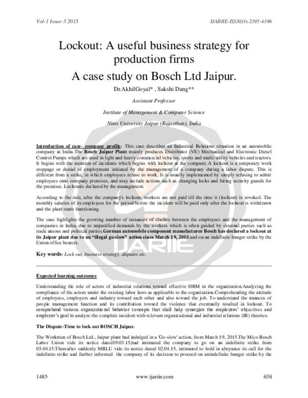 (PDF) Lockout: A useful business strategy for production firms :A case study on Bosch Ltd Jaipur