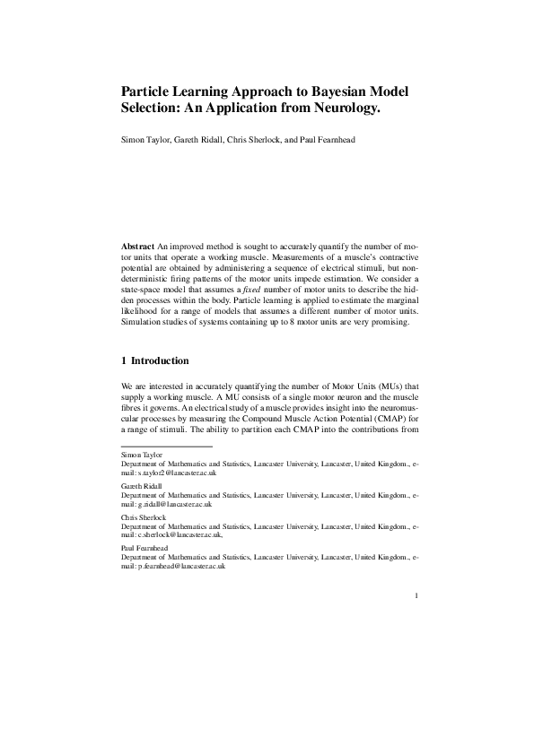 Pdf Particle Learning Approach To Bayesian Model Selection An Application From Neurology