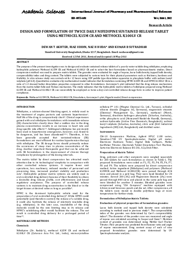 Pdf Design And Formulation Of Twice Daily Nifedipine Sustained Release Tablet Using Methocel