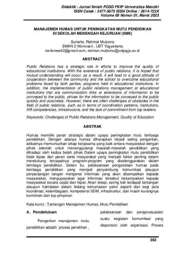 (PDF) Manajemen Humas Untuk Peningkatan Mutu Pendidikan DI Sekolah Menengah Kejuruan (SMK)