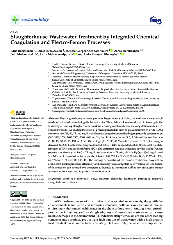 (PDF) Slaughterhouse Wastewater Treatment by Integrated Chemical Coagulation and Electro-Fenton ...