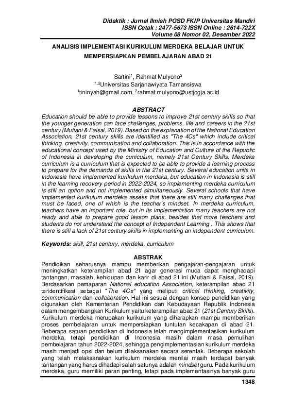 (PDF) Analisis Implementasi Kurikulum Merdeka Belajar Untuk Mempersiapkan Pembelajaran Abad 21