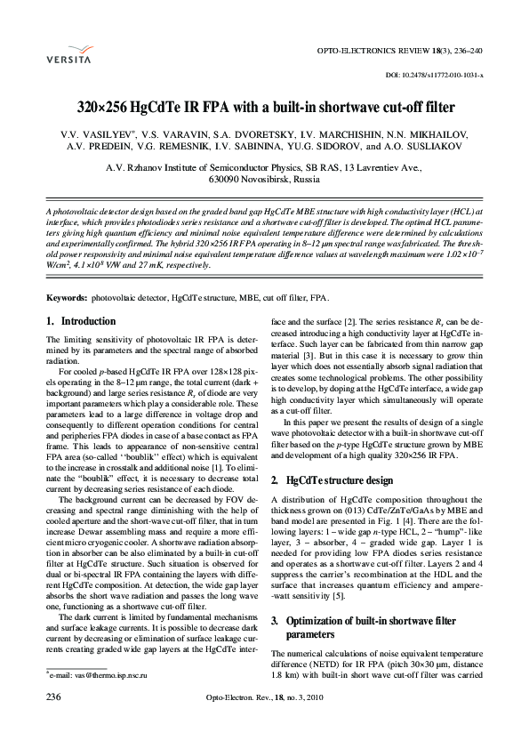 (PDF) 320×256 HgCdTe IR FPA with a built-in shortwave cut-off filter