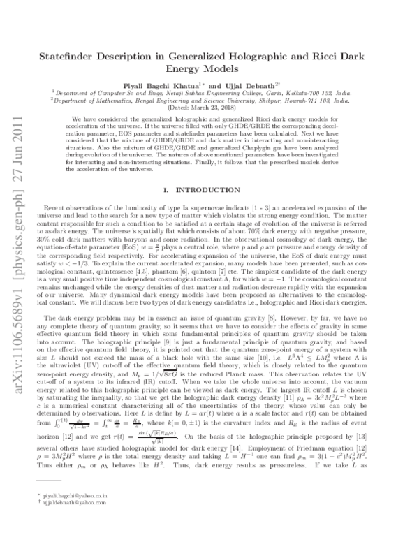 (PDF) Statefinder Description in Generalized Holographic and Ricci Dark Energy Models