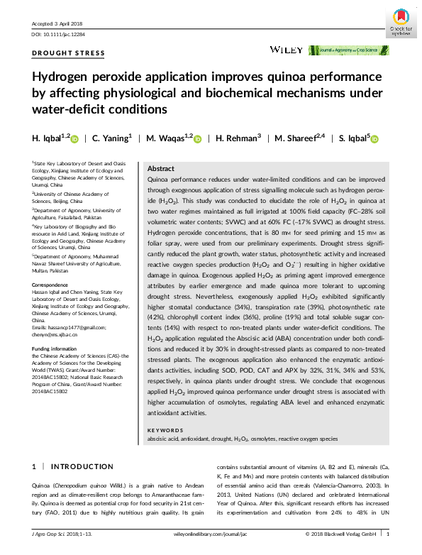 (PDF) Hydrogen peroxide application improves quinoa performance by ...