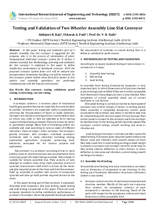 (PDF) Testing and Validation of Two Wheeler Assembly Line Slat Conveyor